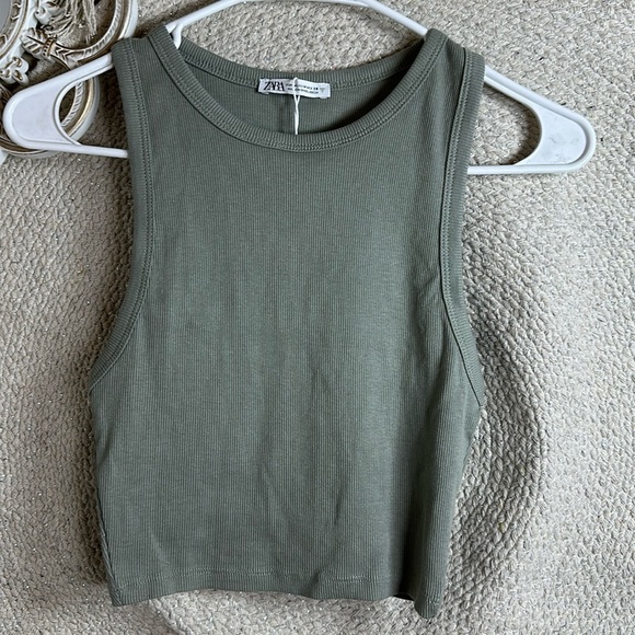 Tops | Olive Green Ribbed Zara Crop Tank Top | Poshmark